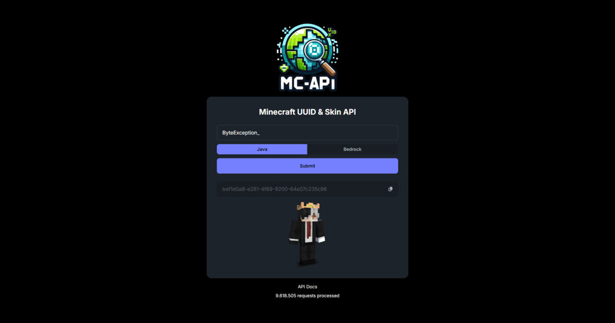 Minecraft API for UUIDs, Skins & Server Info | mc-api.io